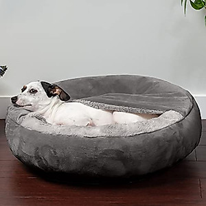 Furhaven 24" Round Calming Donut Dog Bed for Indoor Cats & Small Dogs, Washable, For Dogs Up to 20 lbs - Plush Velvet Waves Hooded Donut Bed - Dark Gray, Small