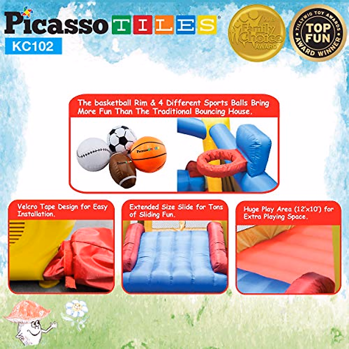 [Upgrade Version] PicassoTiles KC102 12x10 Foot Inflatable Bouncer Jumping Bouncing House, Jump Slide, Dunk Playhouse w/Basketball Rim, 4 Sports Balls, Full-Size Entry, 580W ETL Certified Blower