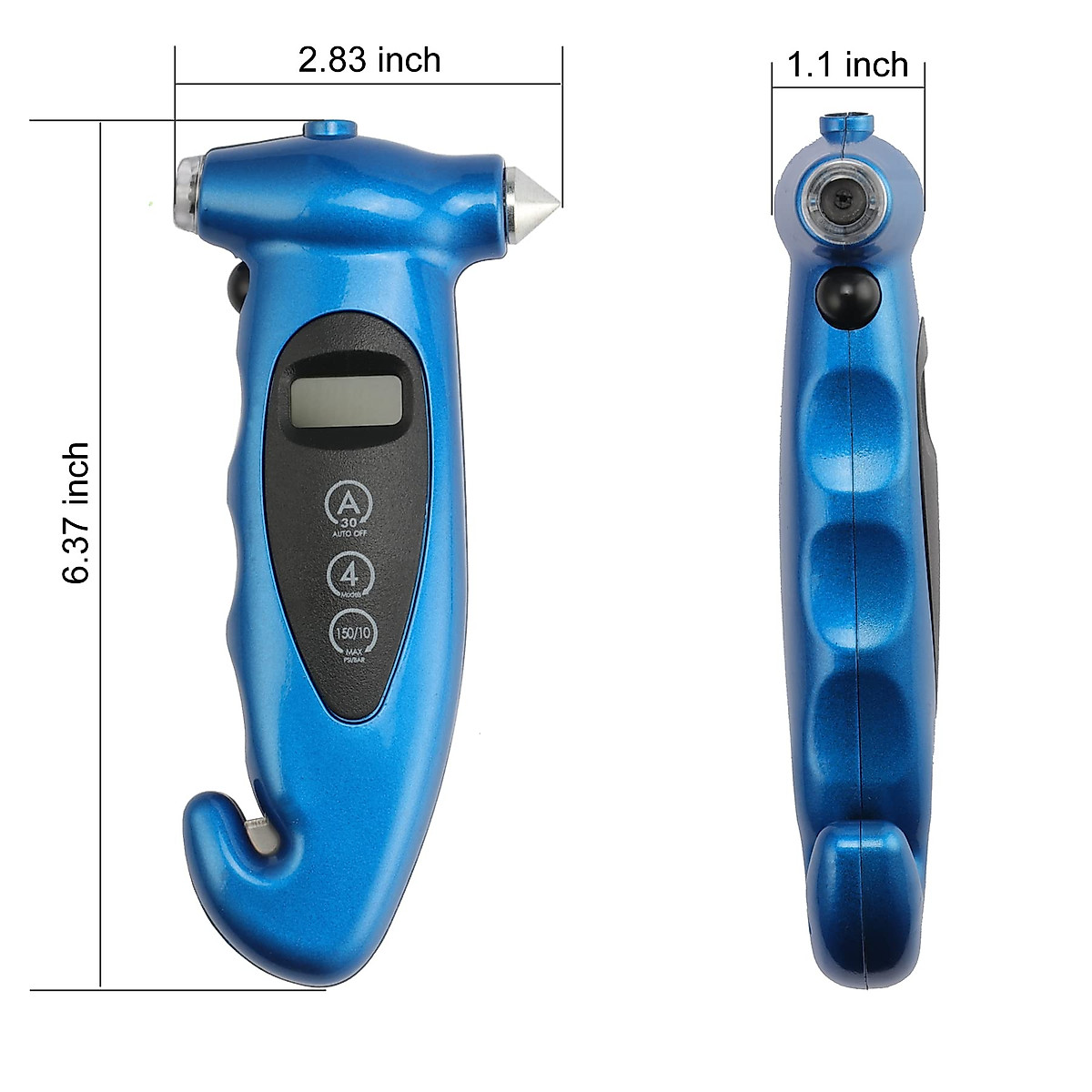 JUSTTOP Digital Tire Pressure Gauge, with Safety Hammer Multi-Function LCD Digital Display Car Tire Pressure Sensing System, Car Window Breaker, Seatbelt Cutter, Blue