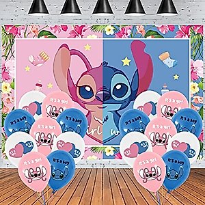 Stitch and Angel Gender Reveal Party Banner,Stitch and Angel Backdrop 7x5 Baby Shower Background Gender Reveal Stitch or Angel Themed Backdrops for Party Supplies Blue or Pink Stitch Background