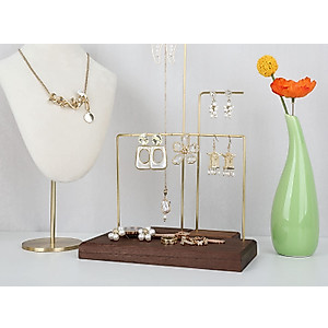 GemeShou Walnut Brass Jewelry Storage Display, Wooden earring organizer for dangle hoop hook, Earring display stands for boutique Closet show【Walnut U Shelf Height 5.91"-Big】
