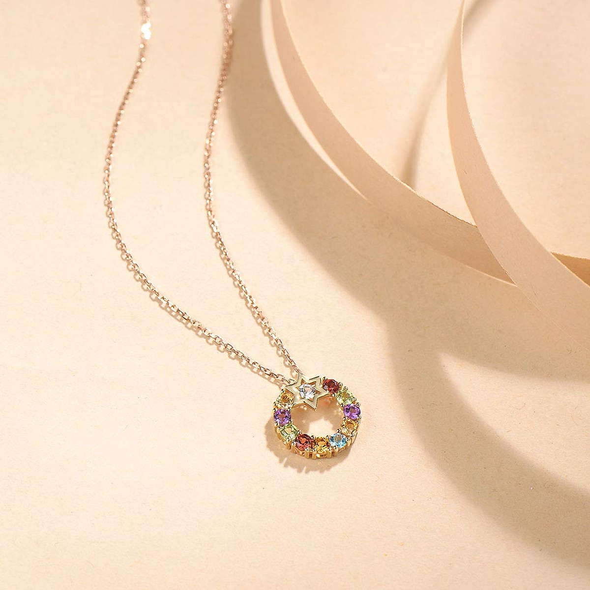 FANCIME 14k Solid Yellow Gold Sapphire Topaz Amethyst Garnet Peridot Citrine Multigemstone Round Open Circle Pendant Necklace Gift For Her Mom Women, 16" + 2" Extender