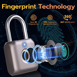 Pothunder Fingerprint Padlock, Smart Metal Keyless Thumbprint Lock, Waterproof, USB Rechargeable, for Gym, School, Luggage, Backpack, Suitcase, Golden