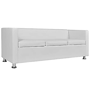 Sofa 3-Seater Artificial Leather White Living Room Home Office Furniture MDF Plywood Modern Chesterfield Upholstered Cushion Pillow, White