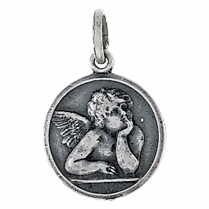 Sterling Silver Round-shaped Pendant Cherub Angel, 9/16 inch tall