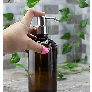 Cornucopia Brands 16-Ounce Amber Glass Bottles w/Stainless Steel Pumps (2-Pack); Lotion & Soap Dispenser Brown Boston Round Bottles for Aromatherapy, DIY