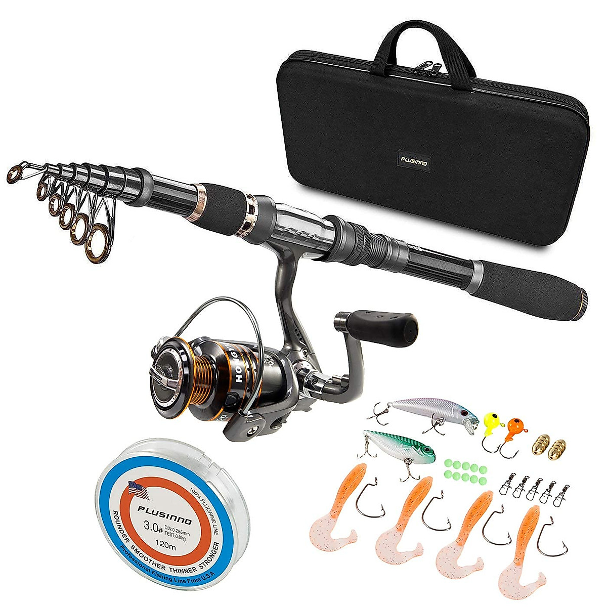 PLUSINNO Telescopic Fishing Rod and Reel, 212pcs Fishing Tackle Kit with Tackle Box