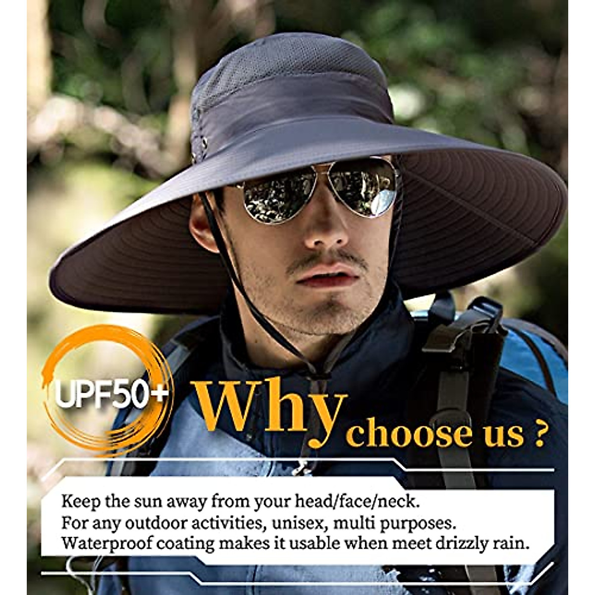 HLLMAN Super Wide Brim Sun Hat-UPF 50+ Protection,Waterproof Bucket Hat for Fishing, Hiking, Camping,Breathable Nylon & Mesh Dark Grey