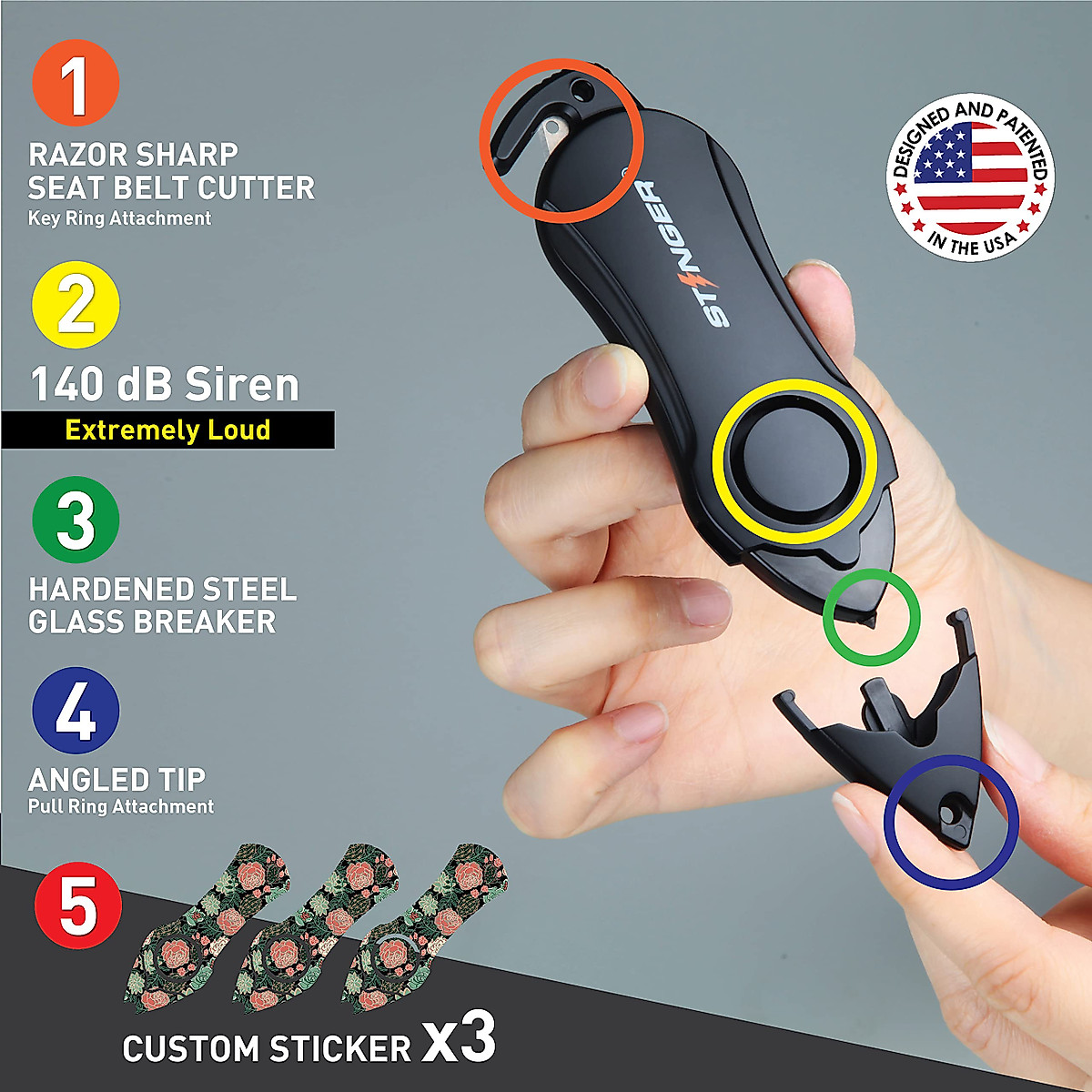 Stinger Personal Alarm Keychain Emergency Tool, Safety Panic Alarm Siren, Seat Belt Cutter, Glass Breaker, Security Device for Women Men Kid, Design in USA (Green Flower)