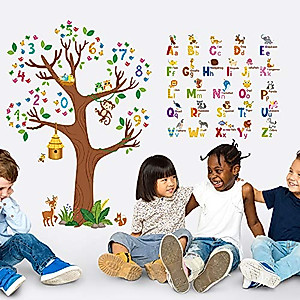3 Sheets Animal Alphabet and Numbers Tree Wall Decals ABC Letters and Birds Numbers Peel and Stick Wall Stickers for Welcome Back to School Classroom Decorations Kids Bedroom Living Room