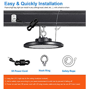 2 Pack 200W LED High Bay Lights, UFO LED High Bay Light, 28,000 LM(Eqv.800W MH/HPS), 5000K Daylight, IP65, 5ft Cable with US Plug, Safe Rope for Garage/Warehouse/Workshop