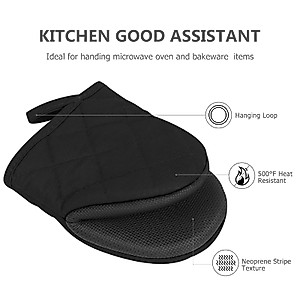 Qulable 1 Pair Short Oven Mitts - Silicone Kitchen Oven Gloves High Heat Resistant 500℉, Mini Oven Mits with Non-Slip Grip Surfaces and Hanging Loop for BBQ, Baking, Cooking and Grilling (Black)