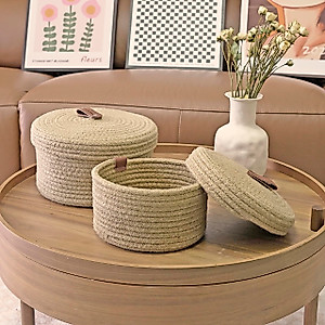 Aplolemo Jute Rope Basket with Lid,Decorative Woven Baskets with Lids,Leather Design Lidded Round Basket,Small Basket with lid,Storage Baskets with Lids-Set of 2（10"x6"/8.5"x5"）