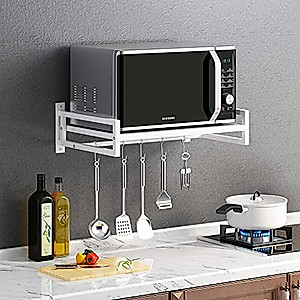 ABCOOL Wall Mount Microwave Oven Shelf Rack for Kitchen Home, Carbon Steel Counter Countertop Holder with Hook Rail and 3 Slidable Hooks