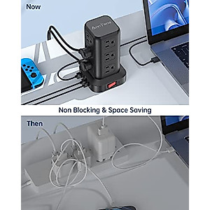 AnnTane Surge Protector Power Strip 10 FT Cord, Power Strip Tower with 4 USB Ports (1USB C), Extension Cord with 12 AC Multiple Outlets, Home Office Supplies Desk Accessories, Dorm Room Essentials
