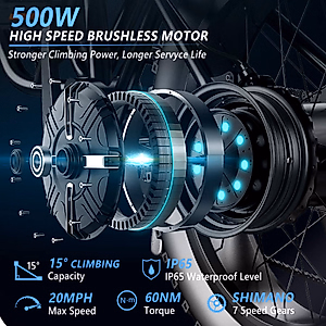 PEXMOR Electric Bike for Adults, 500W 48V 13AH Removable Battery Ebike, 50Miles 20MPH 26" Fat Tire Adult Electric Bicycle, Electric Mountain Bike Snow Beach Commuter E-Bike,7 Speed,UL Certified