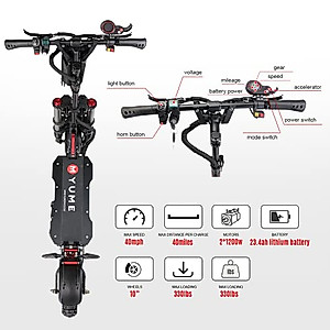 M YUME Scooter Y10 Adult Electric Scooter Double Suspensions Dual Motor 23.4AH Battery 52V 2400W 40 MPH 40 Miles Fast Sports Scooter 10" Off Road 330lbs Max Load Folding Scooter