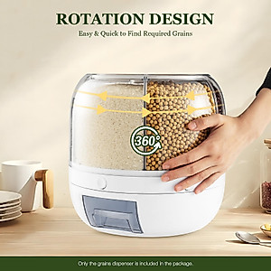InnaMall Grains Storage Dispenser, 6 Grids Beans Container Storage with Sealed lid 13LBS Grain Container Distribution Bucket 360° Rotating Round Food Dispenser One-Click Output Rice Storage