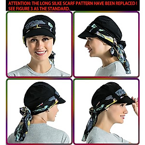 JarseHera Chemo Hats for Women Bamboo Cotton Lined Newsboy Caps with Scarf Double Loop Headwear for Cancer Hair Loss Black