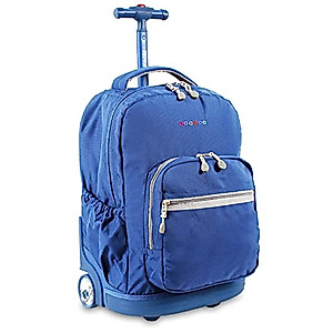 J World New York Sunrise Kids Rolling Backpack for Girls Boys Teen. Roller Bookbag with Wheels, Indigo, 18"