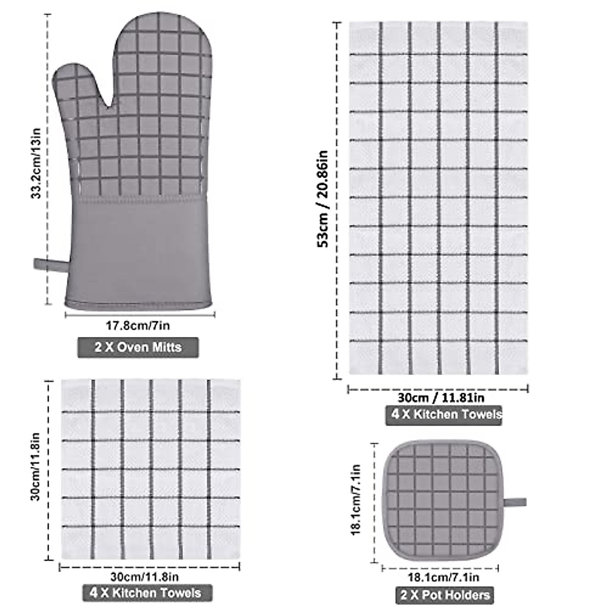 Oven Mitts and Pot Holders Set with Kitchen Towels and Dishcloths, 500 Degree Heat Resistant Oven Gloves and Hot Pads, Premium Soft Cotton Kitchen Hand Towels and Dish Cloth Sets Hanging Loop Gray