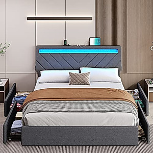 Tiptiper Full Size Bed Frame with LED Headboard, 2 USB Charging Station, Platform Bed Frame with Storage Drawers, No Box Spring Needed, Easy Assembly, Dark Grey