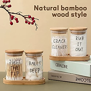 6 Pieces Apothecary Jars with Lids Cotton Swab Holder Bathroom Decor Glass Jars with Bamboo Tray for Cotton Ball Holder Bamboo Vanity Tray Bathroom Canisters for Bathroom Storage Organizer