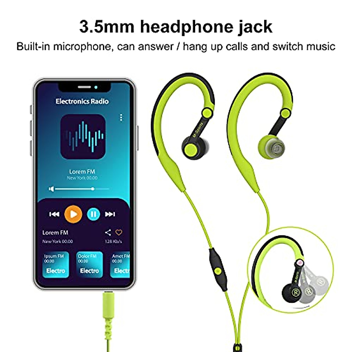 mucro Sport Running Earbuds, Wired Over Ear in-Ear Earbuds, Earhook Earphones, Headphones with Microphone for iPhone iPod Android Phone (Green)