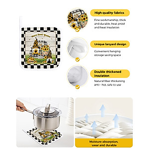 2Pcs Pot Holder with Hanging Loops, Farmhouse Pot Holder Set Cotton Heat Resistant Potholder Kitchen Hot Pads for Baking Cooking 8x8 inches Sunflower Gnome on The Truck with Black White Frame