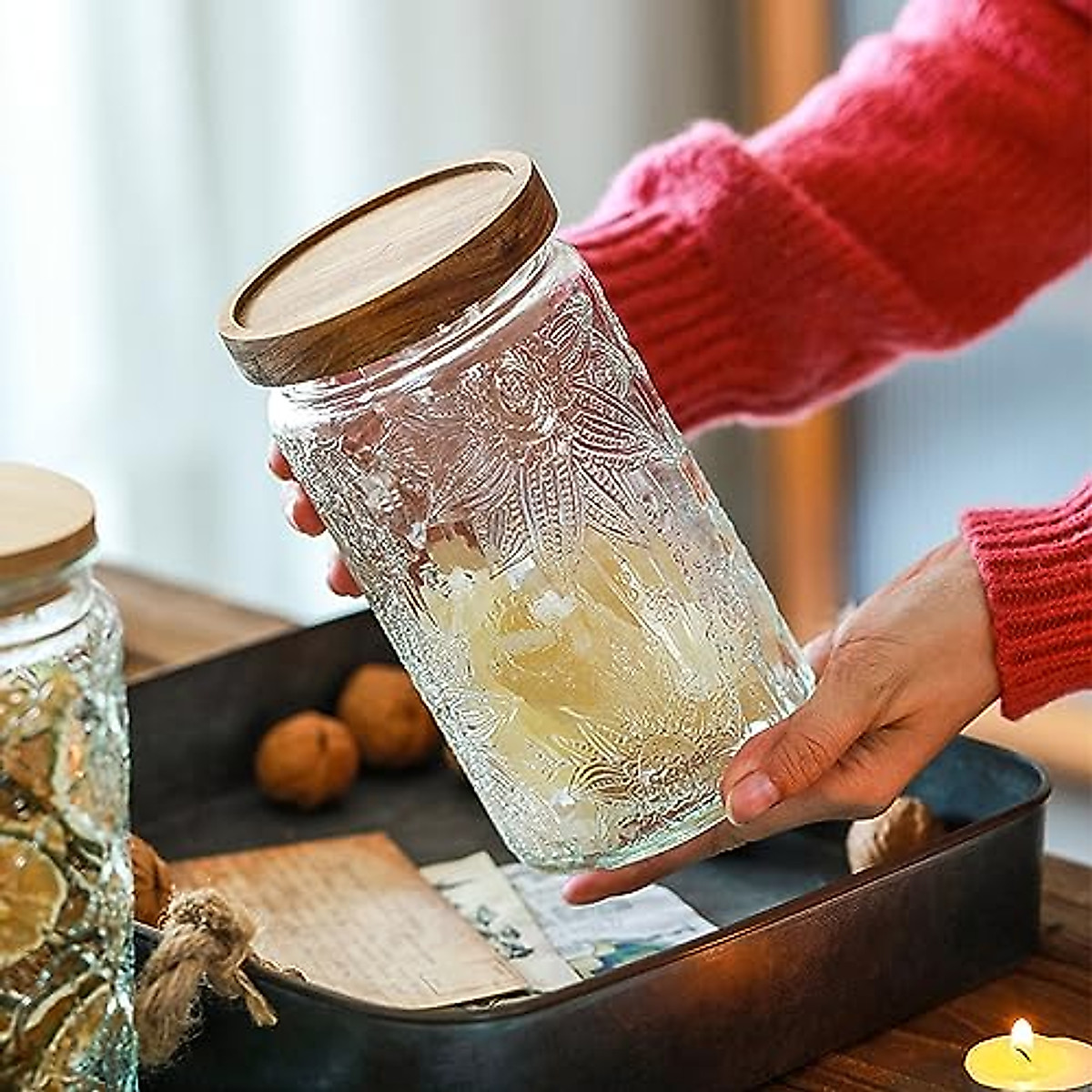34 OZ/2 PCS Glass Storage Jar with Airtight Bamboo Wooden Lids, Vintage Food Containers Canisters Sets for Kitchen Counter Pantry, Sugar, Flour, Candy, Tea, Coffee Beans, Oats, Grain Bin, Pasta, Cereal