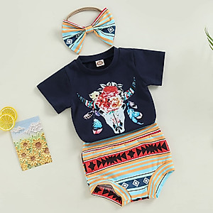 Western Baby Girl Clothes Cow Letter Print Short Sleeve Tshirt and Shorts Headband Set Boho Summer Clothes (Navy Blue,0-3 Months)