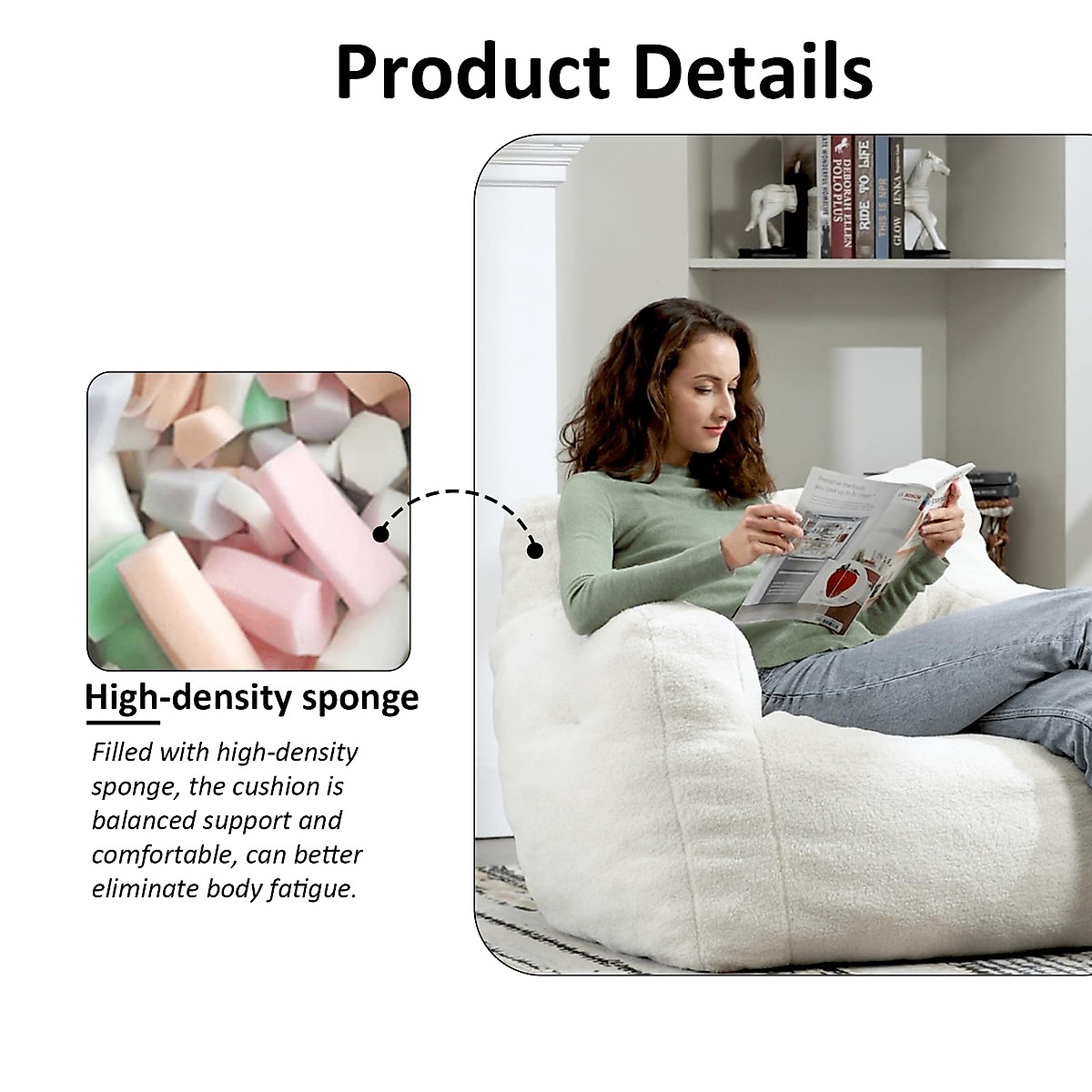 Hison Bean Bag Chairs for Adults and Kid Teddy Fabric Fluffy and Lazy Sofa Filled with Memory Sponge BeanBag Sofa with Armrests for Living Room,Bedroom(White)