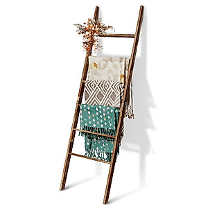 6-Tier Blanket Ladder Wooden, 5.7FT(66.5'') Blanket Quilt Towel Holder Rack Decorative Ladder, Easy Assembly, Rustic Farmhouse Ladder Shelf for The Living Room Bedroom Bathroom Home Decor, Brown