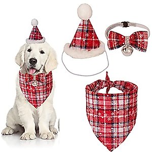 PTDECOR Christmas Dog Bandana Hat Bow, Red Plaid Dog Christmas Hat Scarf Triangle Dog Bibs Kerchief Christmas Bandanas for Small Medium Dogs Pets