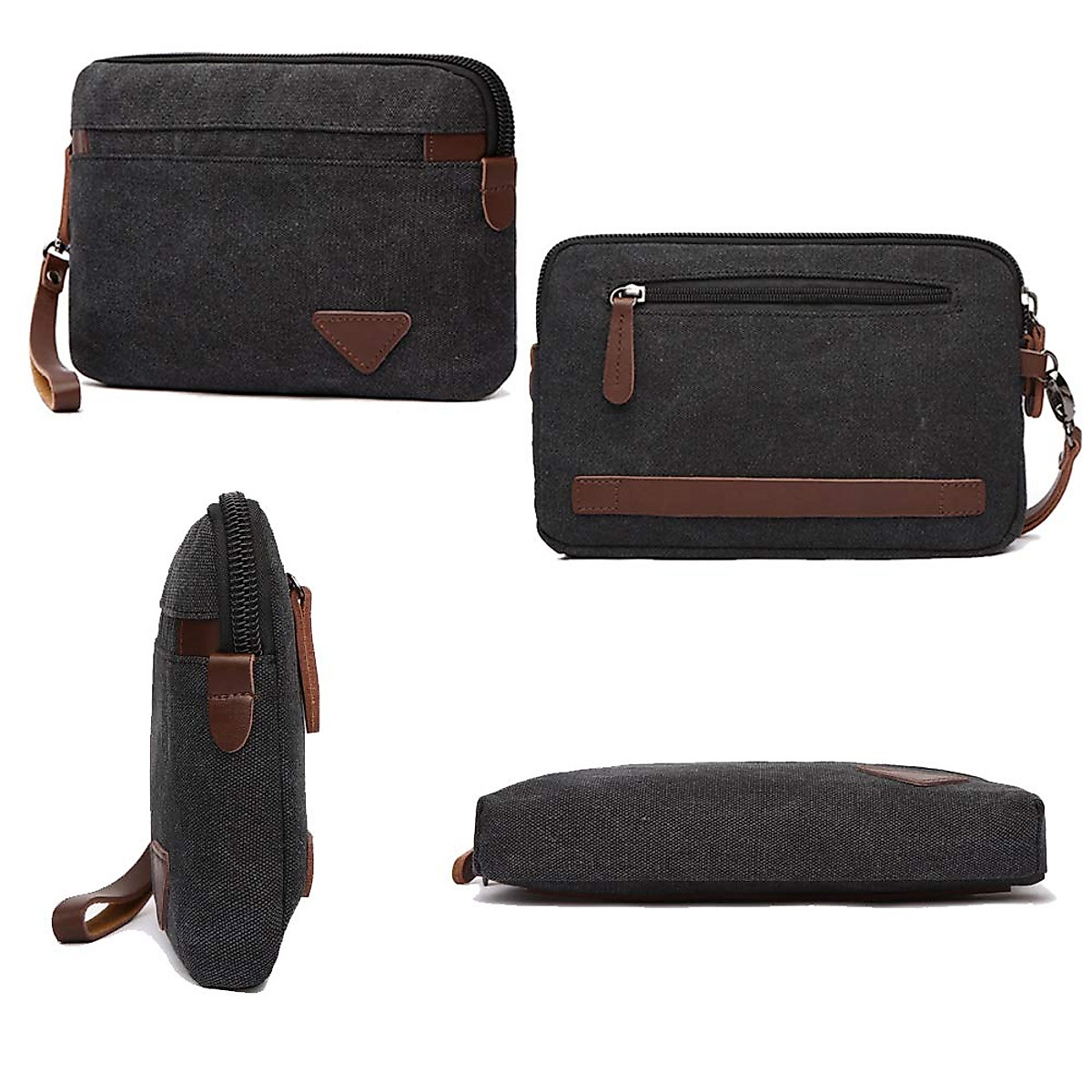 Canvas Wristlets Bag Large Clutch Bag Wallet Purse Zipper Pouch Handbag Organizer with Leather Strap Wristlet Purse for Men (Black)