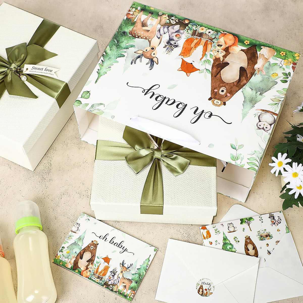 Buryeah 2 Pack 13" Large Baby Gift Bags with Tissue Paper Greeting Cards, Woodland Animal Paper Gift Wrap Bag with Handles and Envelopes for Baby Shower Kids Birthday Party