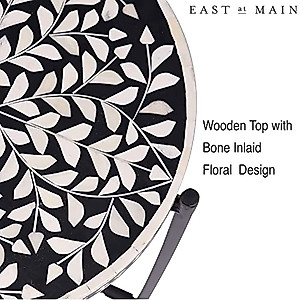 East at Main Round Side Table - 16”w x 20”h Wooden Floral Top, Metal Legs, Handmade Bone Inlay Circular Modern Decor - Collapsible Living Room, Office Farmhouse, Industrial Cocktail Furniture, Black