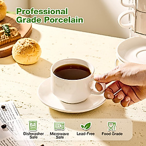 Mfacoy 8 Ounce Porcelain Cappuccino Cups with Saucers and Metal Stand, Stackable Coffee Cups for Specialty Coffee Drinks, Cappuccino, Latte, Espresso, Americano and Tea - White Cups Set of 4