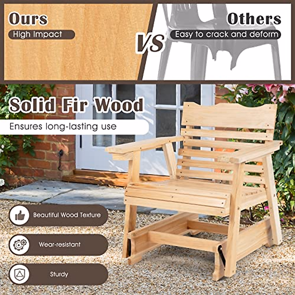 Giantex Outdoor Glider Rocking Chair - Wood Porch Rocker with High Back, Widened Armrests, Curved Seat, Rotatable Cup Holder, Patio Slat Rocking Chair for Backyard, Balcony, Poolside, Natural