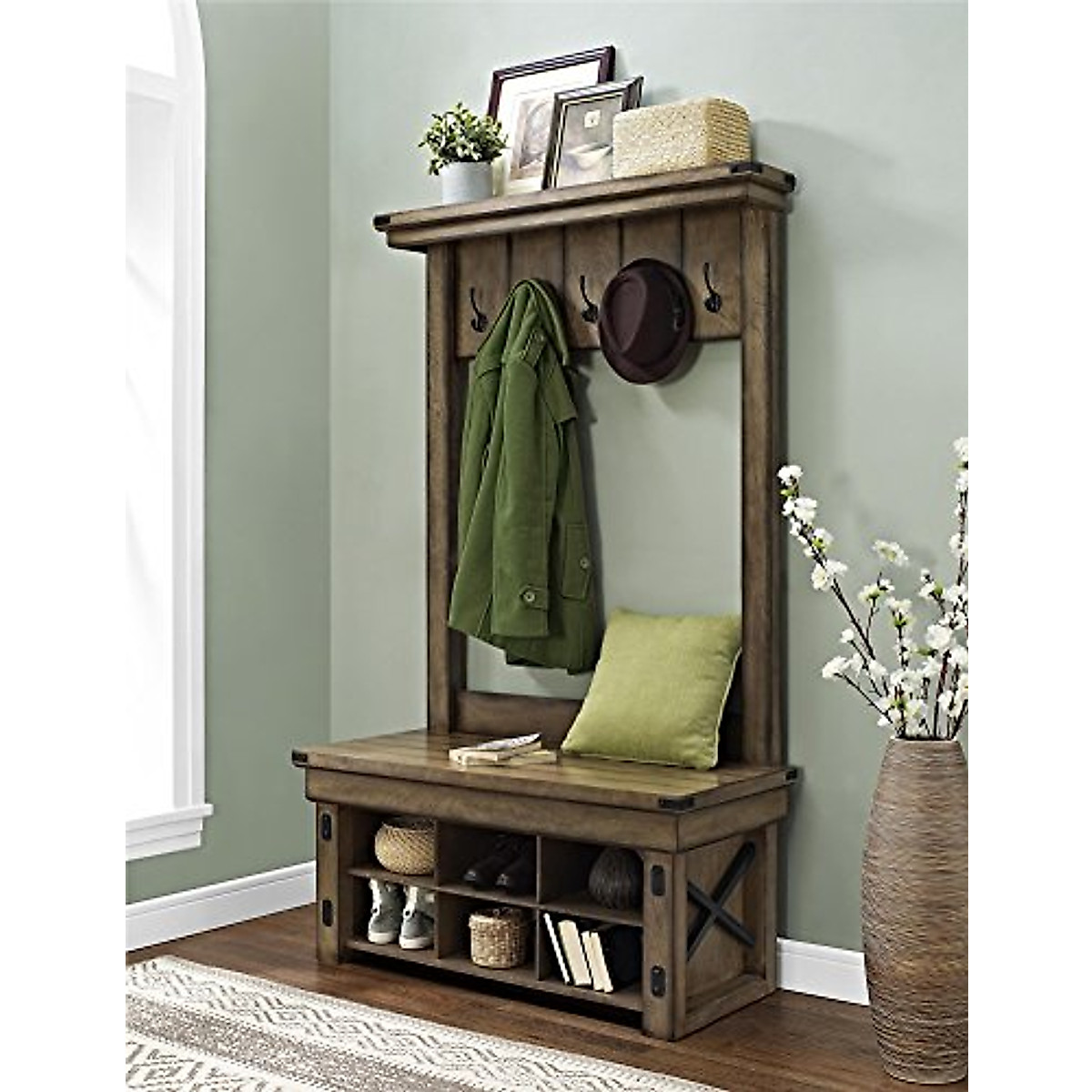 Ameriwood Home Wildwood Wood Veneer Entryway Hall Tree with Storage Bench, Rustic Gray