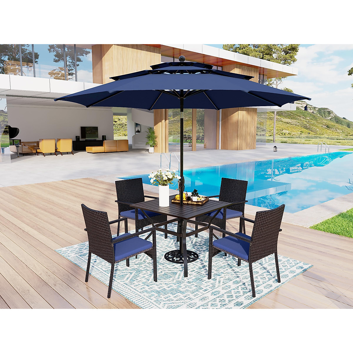 MFSTUDIO Patio Brown Woven Wicker Chairs Set, Oversized Outdoor Patio Wicker Rattan Dining Chairs Set of 4 with Extra Wide Seat, 4 Patio Resin Chair Sets with Armrests and Cushions, 330lbs