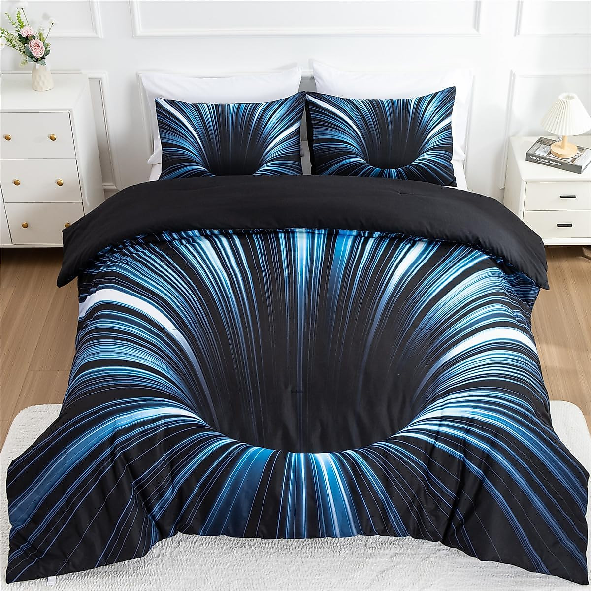NTBED 3D Abstract Geometric Comforter Set Line Printed Microfiber Bedding Sets for Kids Boys Teens,Blue Twin