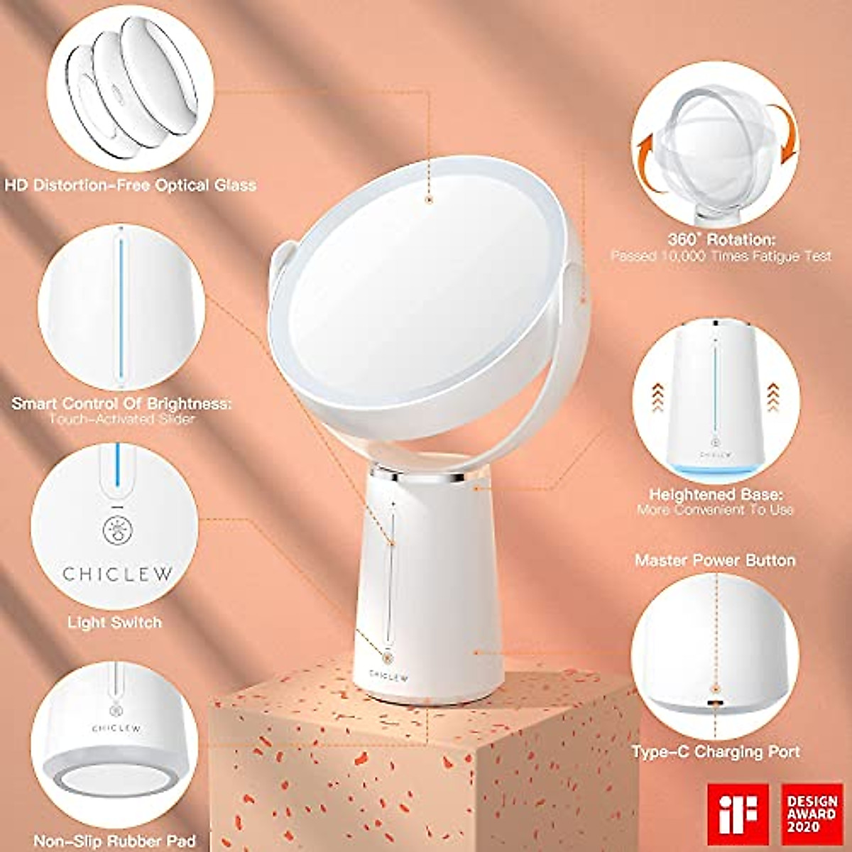 CHICLEW Lighted Makeup Mirror,Rechargeable Vanity Mirror with Lights Magnifying Mirror 10X / 1X,360°Rotatable Dimmable Cosmetic Mirror with Smart Touch Brightness Adjustable(0-1100Lux)