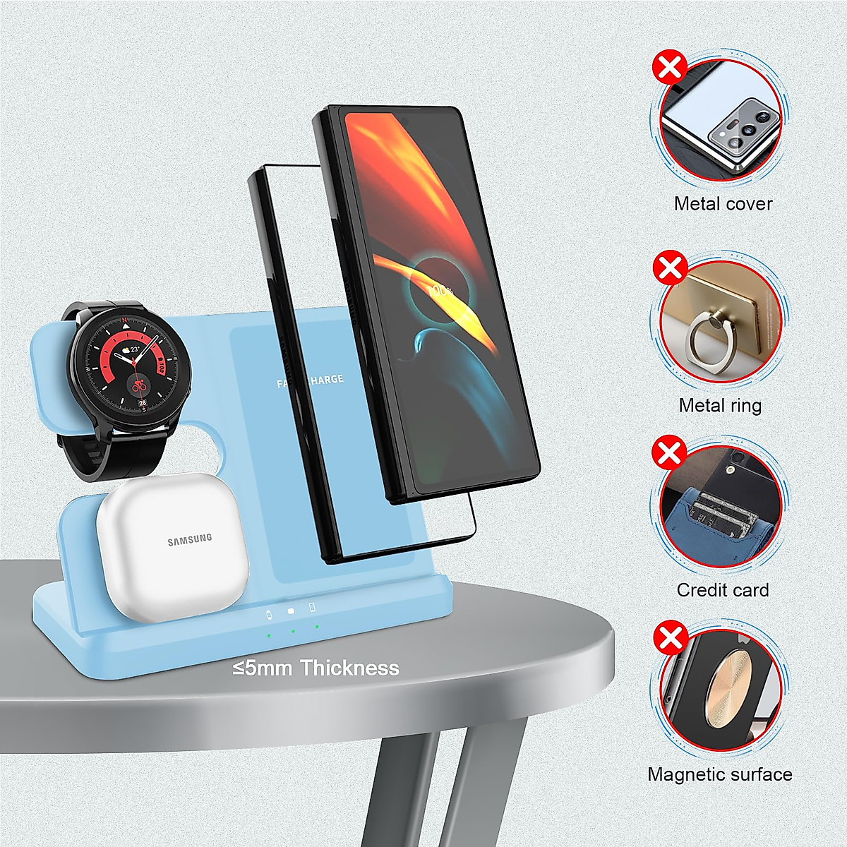 Charging station for Samsung,OVISBAI 3 in 1 wireless charger for Android Samsung Galaxy Z Fold5 /Z Flip5/S24 S23 Ultrl/S22 Ultra/S23/Z Fold 4/Flip 4/S22,Galaxy Watch 6/6 classic/5/5 Pro/4(Sky Blue)