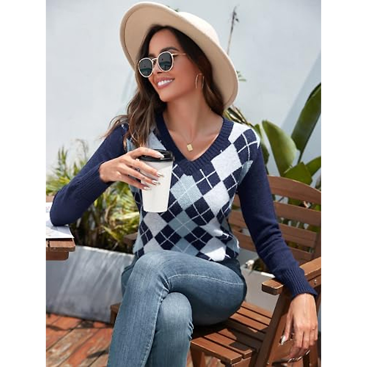 ZAFUL Women's Argyle Sweater V-Neck Cropped Sweater Long-Sleeve Plaid Sweater Pullover Jumper Knit Top (1-Cobalt Blue,S)