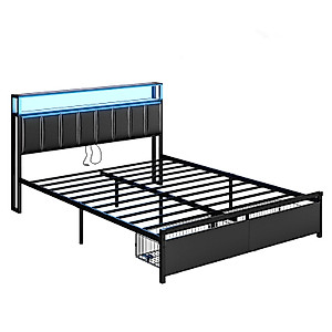 AMERLIFE LED Bed Frame with Drawers, Queen Platform Bed Frame with 2-Tier Storage & Leather Upholstered & Charging Station Headboard, No Box Spring Needed, Easy Assembly, Noise Free, Black