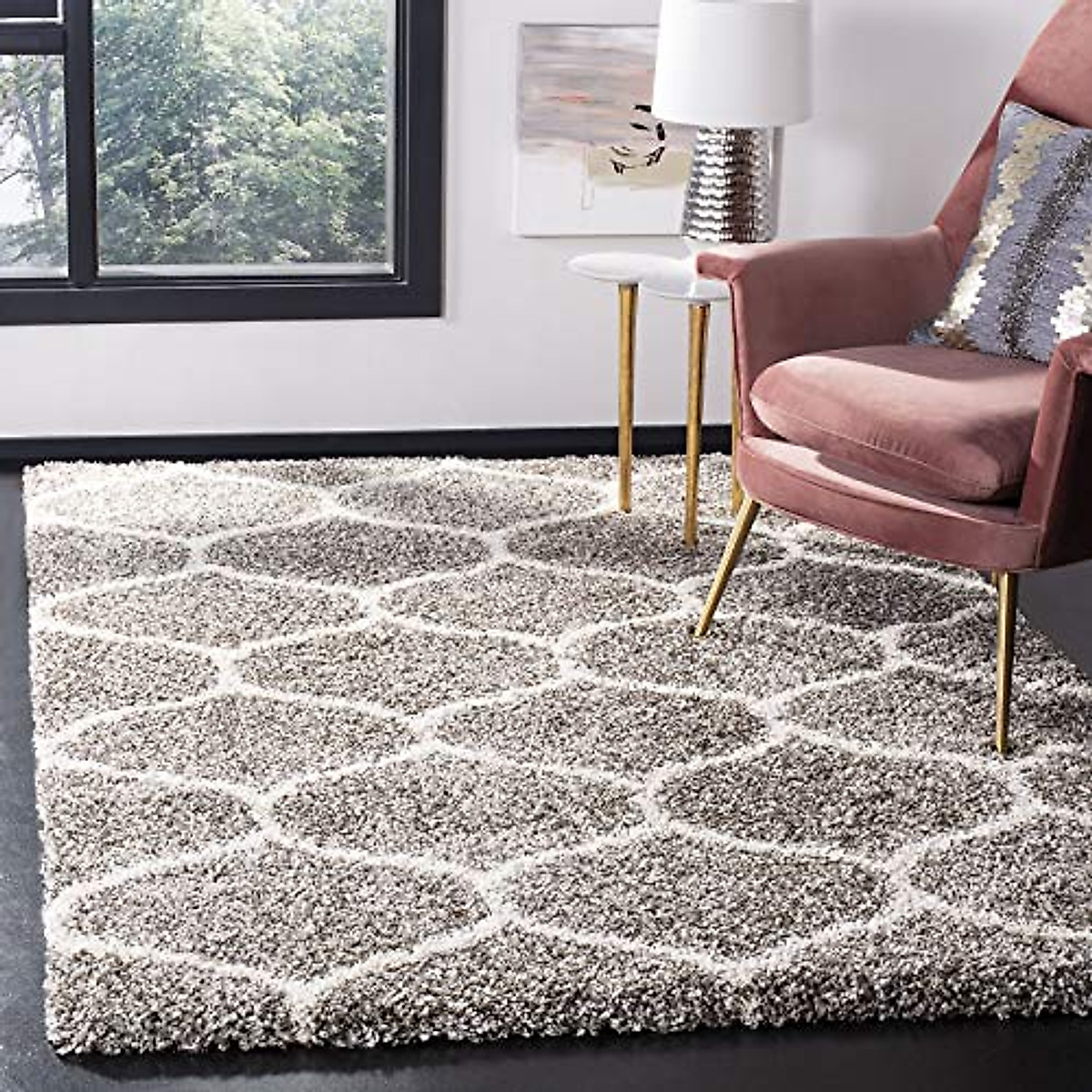 SAFAVIEH Hudson Shag Collection Accent Rug - 3' x 5', Grey & Ivory, Trellis Design, Non-Shedding & Easy Care, 2-inch Thick Ideal for High Traffic Areas in Entryway, Living Room, Bedroom (SGH280B)