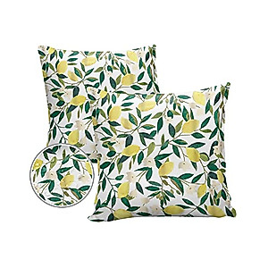 Waterproof Outdoor Throw Pillow Cover Yellow Lemon Fruits Lumbar Pillowcases Set of 2 Green Leaves Plant Decorative Patio Furniture Pillows for Couch Garden 18x18 inch