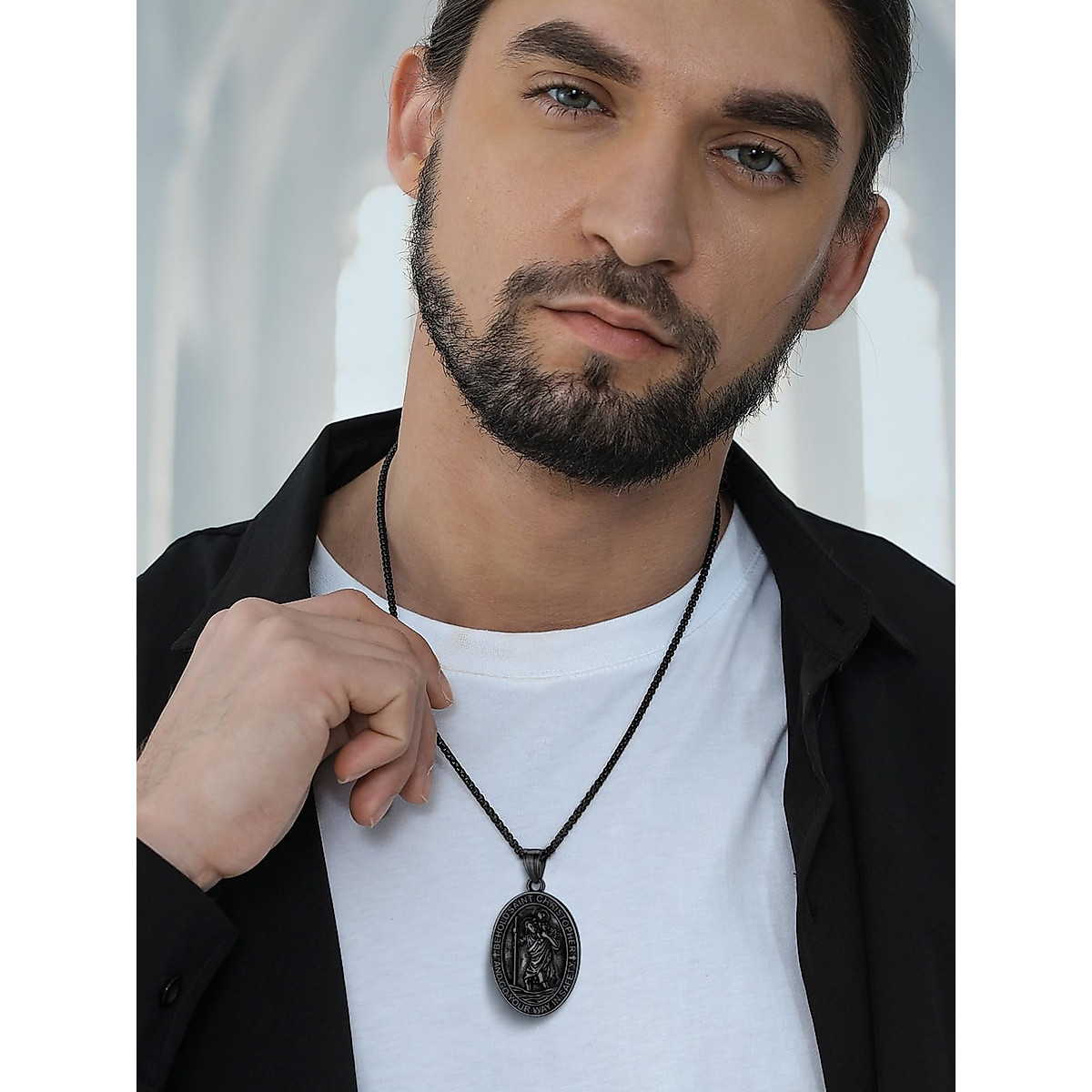 FaithHeart Black St. Christopher Necklace for Men Christian Amulet Jewelry with Stainless Steel Wheat Chain Oval Medal Pendant for Prayer
