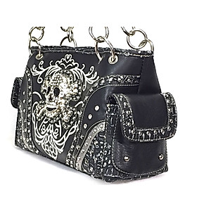 Zzfab Embroidered Concealed Carry Western Handbag Rhinestone Studded Skull Purse